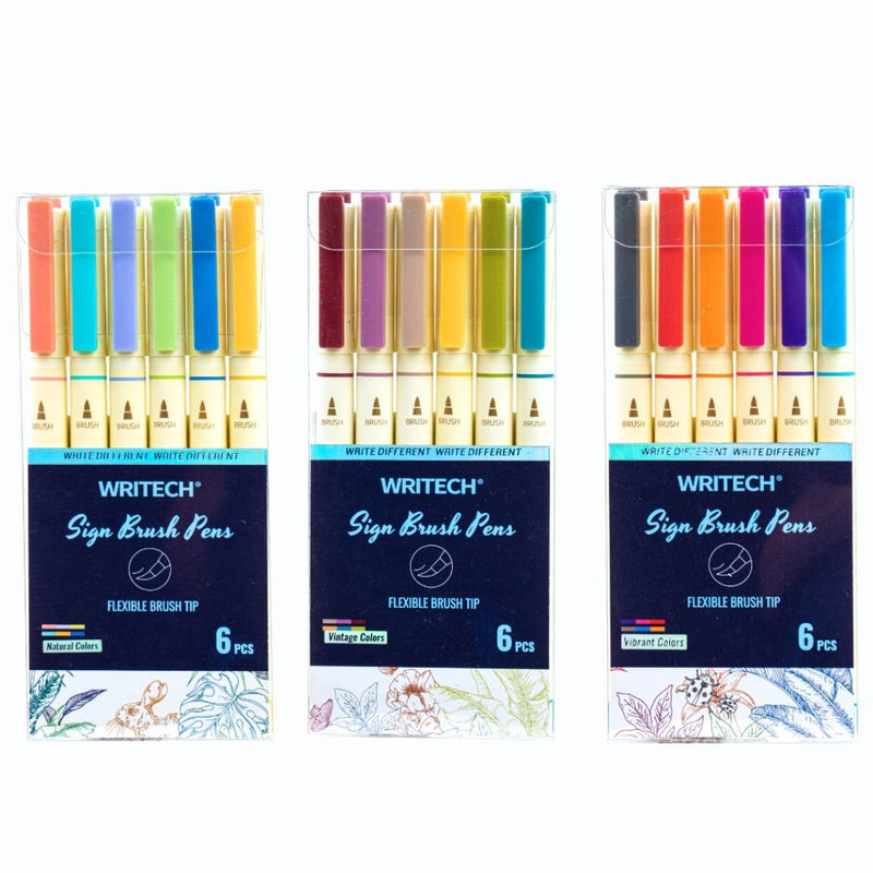 Writech Sign Brush Pens Sets of 6 Colours with Waterbased inks