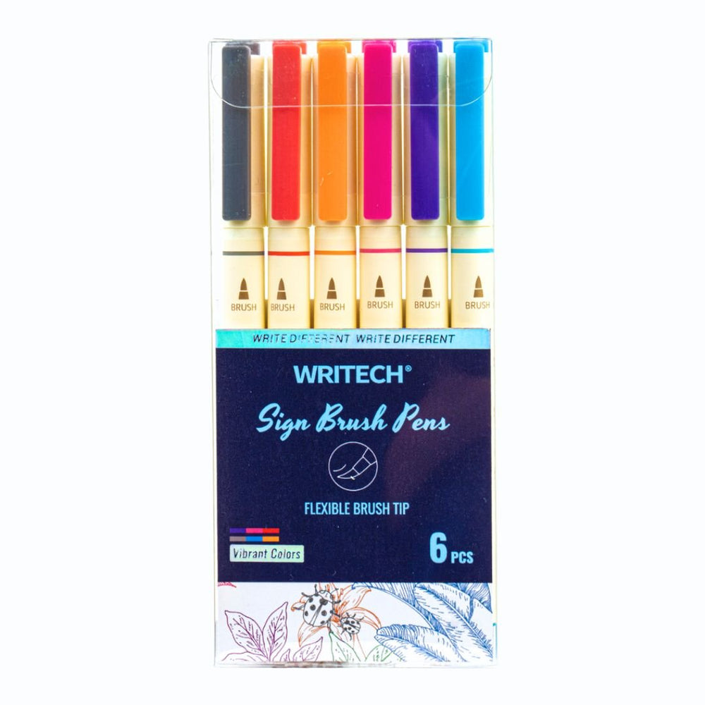 Writech Sign Brush Pens Sets of 6 Colours with Waterbased inks